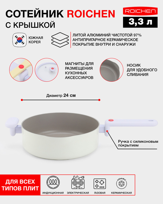 Сотейник с крышкой с магнитами для крепления кухонных гаджетов, 3,3 л Roichen 193619 купить за ...