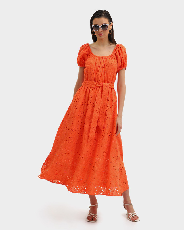 Длинное платье миди из хлопка с вышивкой ришелье с поясом Calin Doux ...