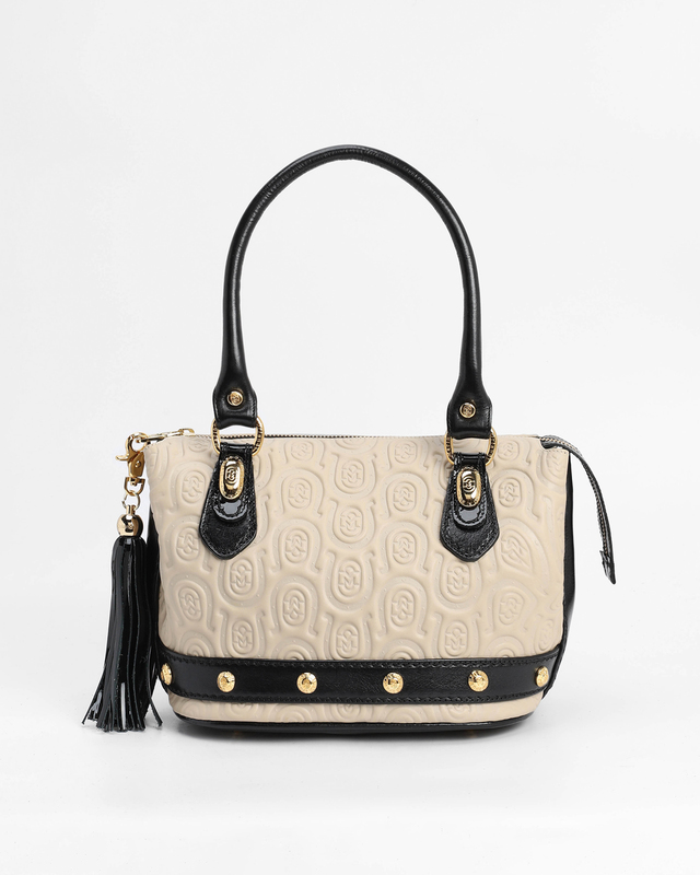 Сумка-тоут из натуральной кожи с тиснением лого бренда и стразами ...